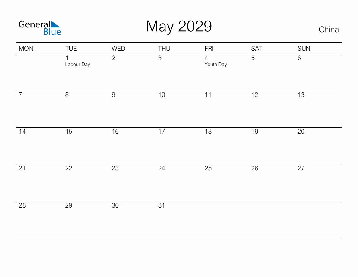 Printable May 2029 Monthly Calendar with Holidays for China (Monday Start)