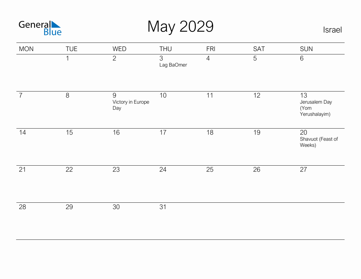 Printable May 2029 Monthly Calendar with Holidays for Israel (Monday Start)
