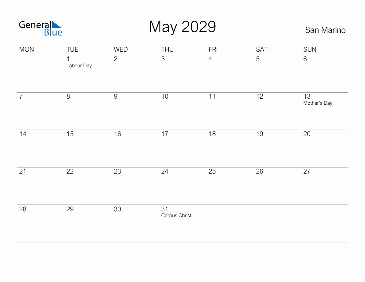 Printable May 2029 Monthly Calendar with Holidays for San Marino