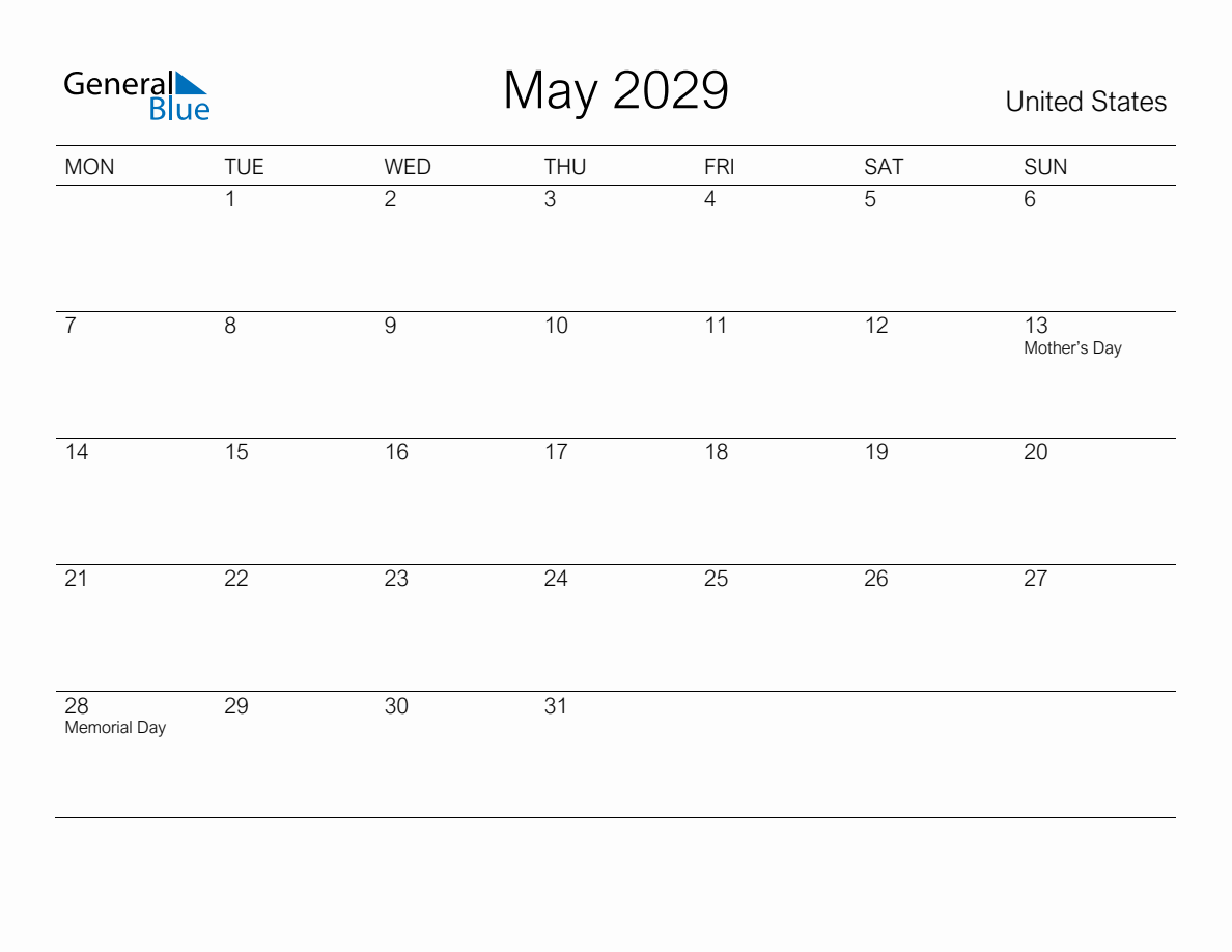 Printable May 2029 Monthly Calendar with Holidays for United States ...