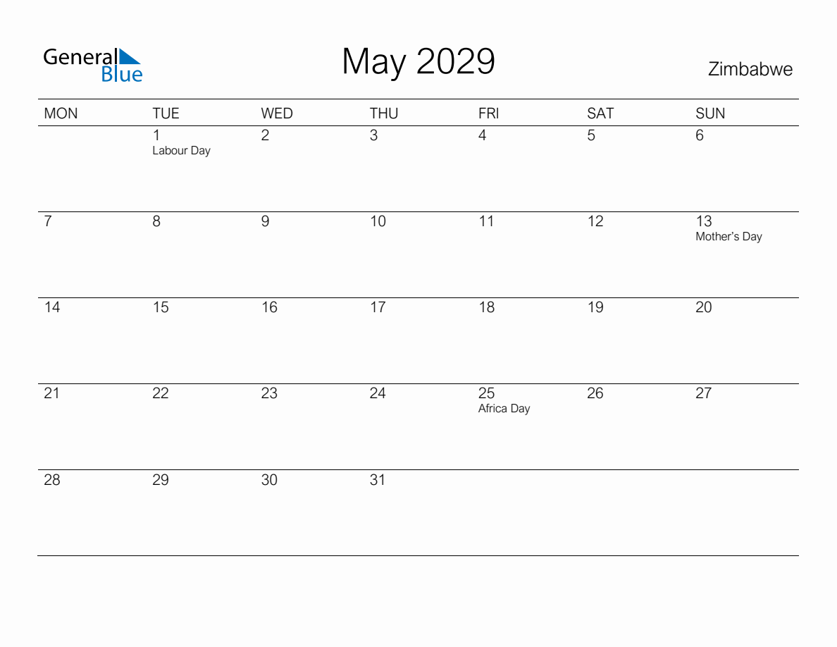 Printable May 2029 Monthly Calendar with Holidays for Zimbabwe