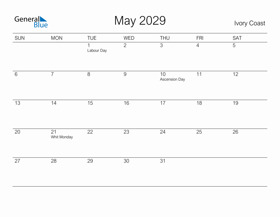 Printable May 2029 Monthly Calendar with Holidays for Ivory Coast