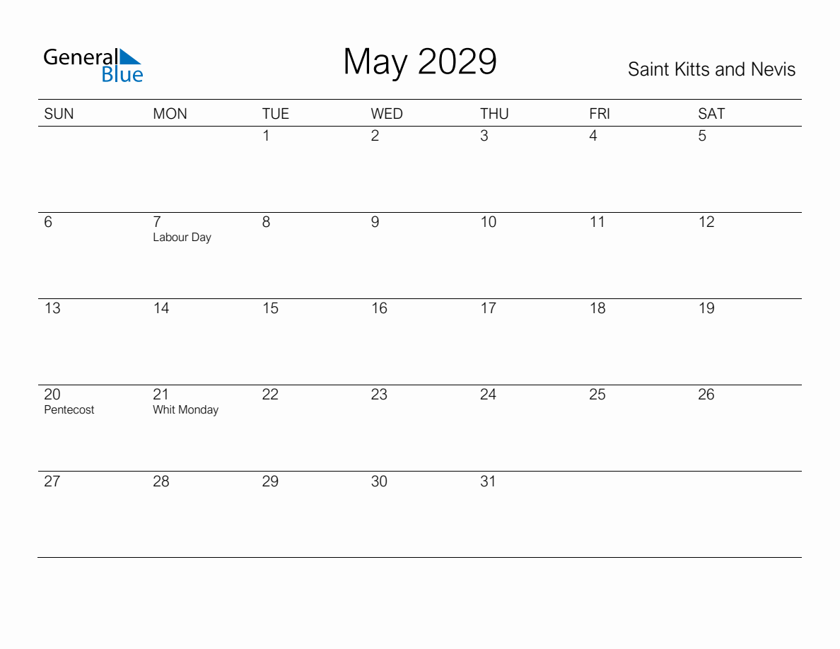 Printable May 2029 Monthly Calendar with Holidays for Saint Kitts and Nevis
