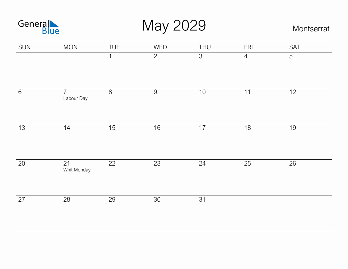 Printable May 2029 Monthly Calendar with Holidays for Montserrat