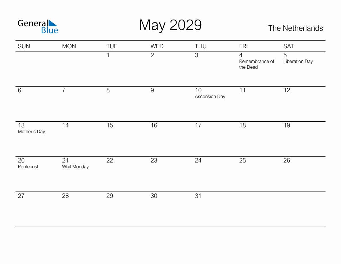 Printable May 2029 Monthly Calendar with Holidays for The Netherlands