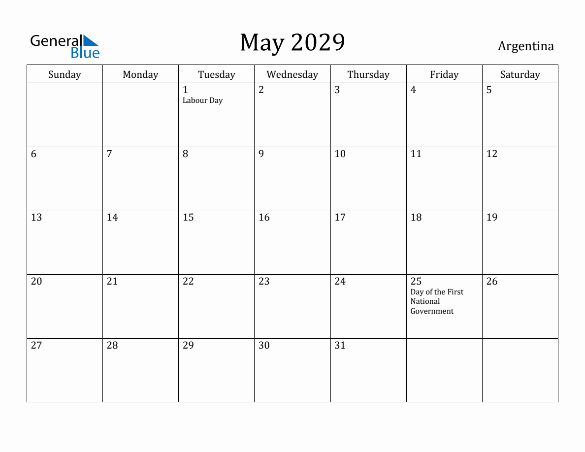 May 2029 Monthly Calendar with Argentina Holidays