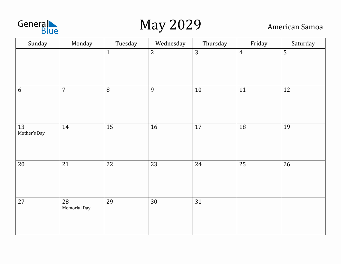 May 2029 Monthly Calendar with American Samoa Holidays