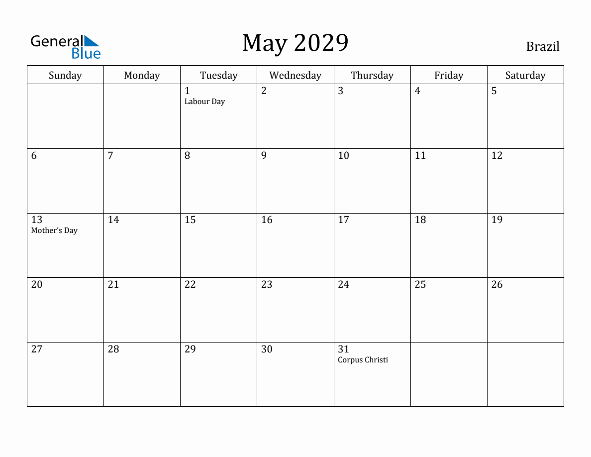 May 2029 Monthly Calendar with Brazil Holidays