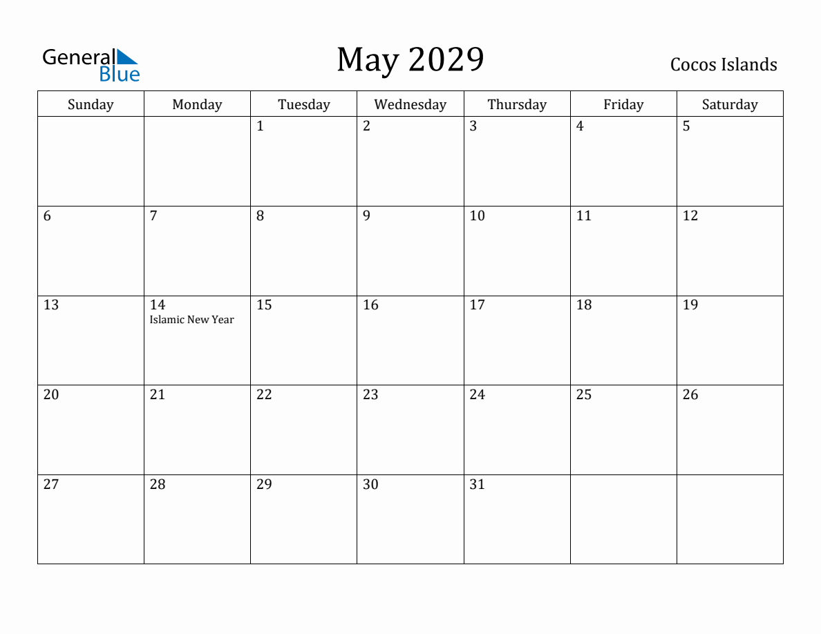 May 2029 Monthly Calendar with Cocos Islands Holidays