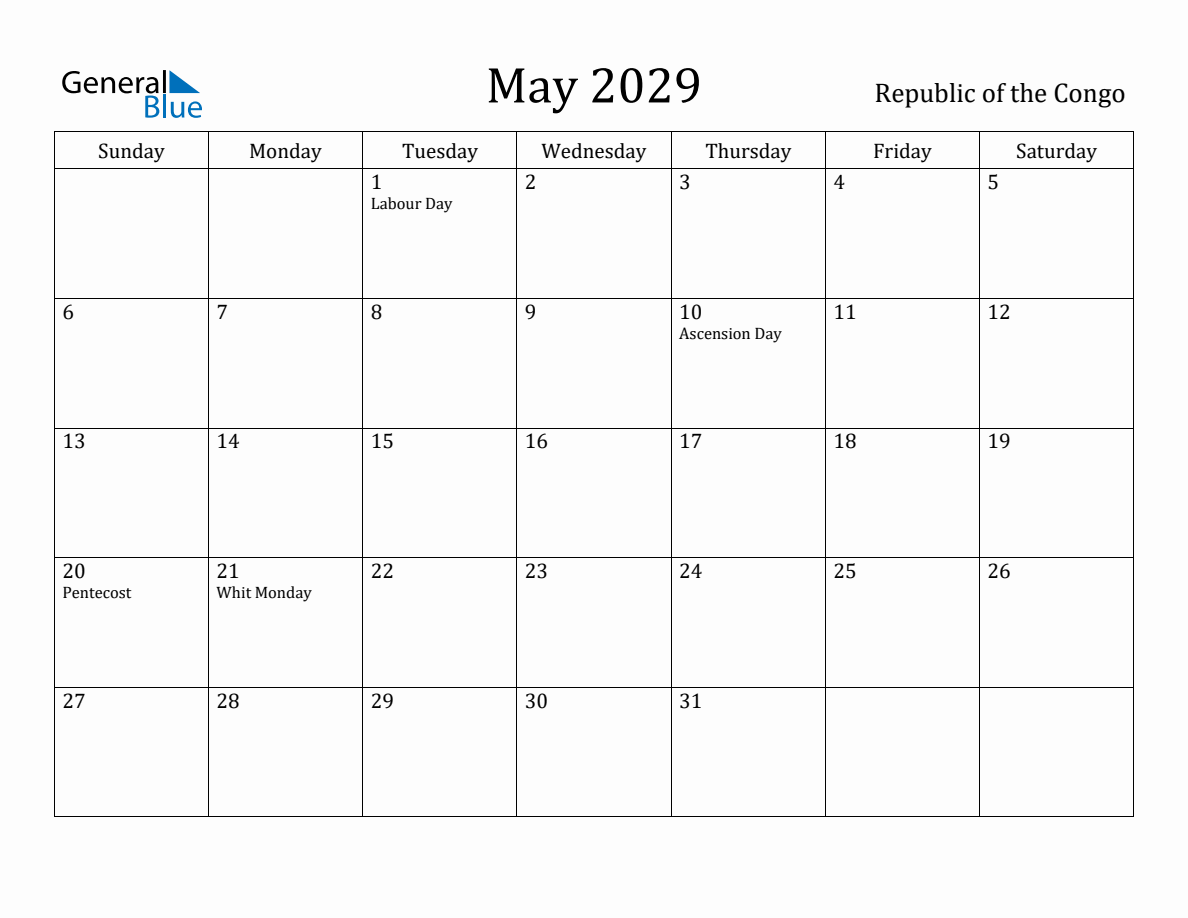 May 2029 Monthly Calendar with Republic of the Congo Holidays