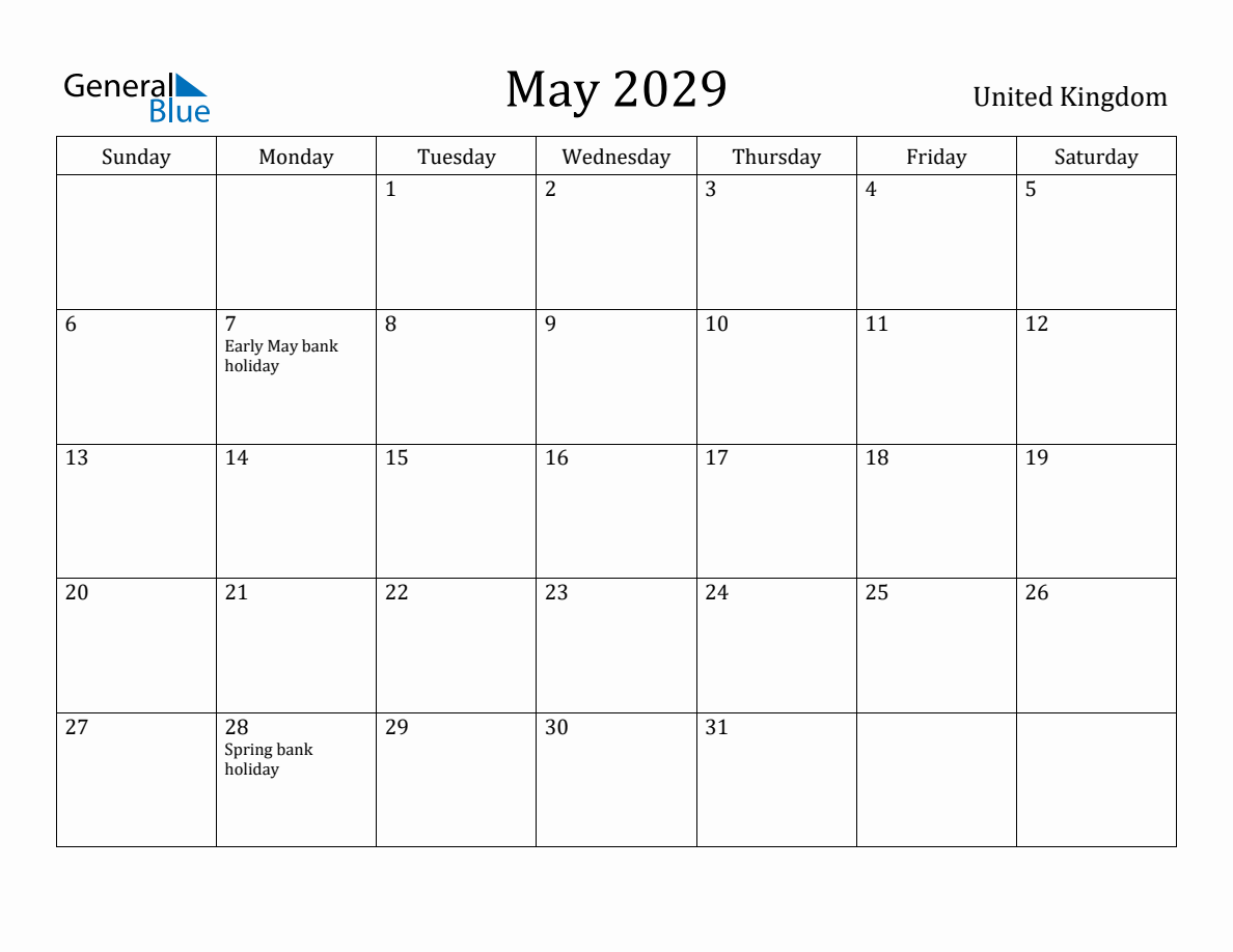 May 2029 Monthly Calendar with United Kingdom Holidays