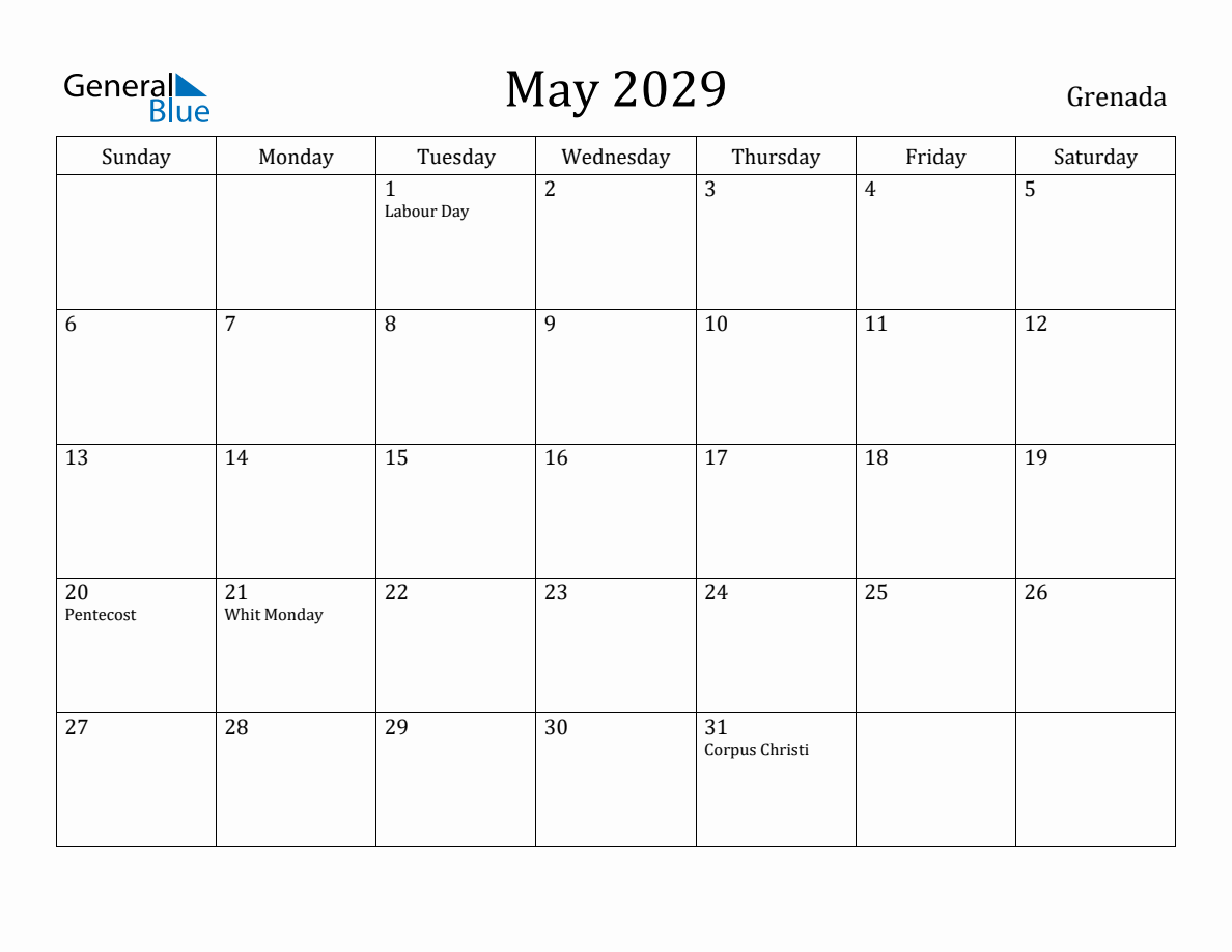 May 2029 Monthly Calendar with Grenada Holidays