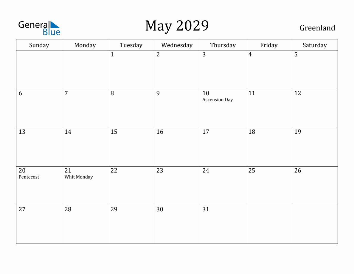 May 2029 Monthly Calendar with Greenland Holidays