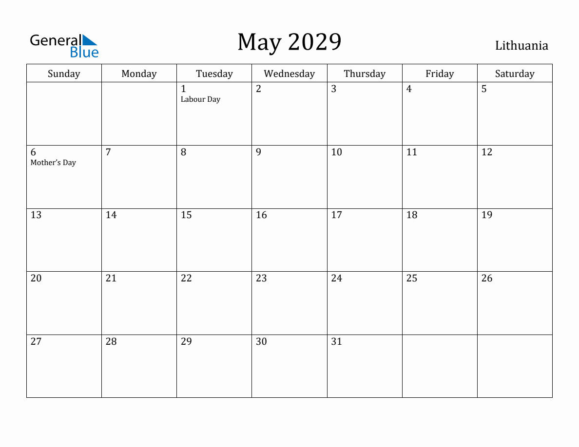 May 2029 Monthly Calendar with Lithuania Holidays