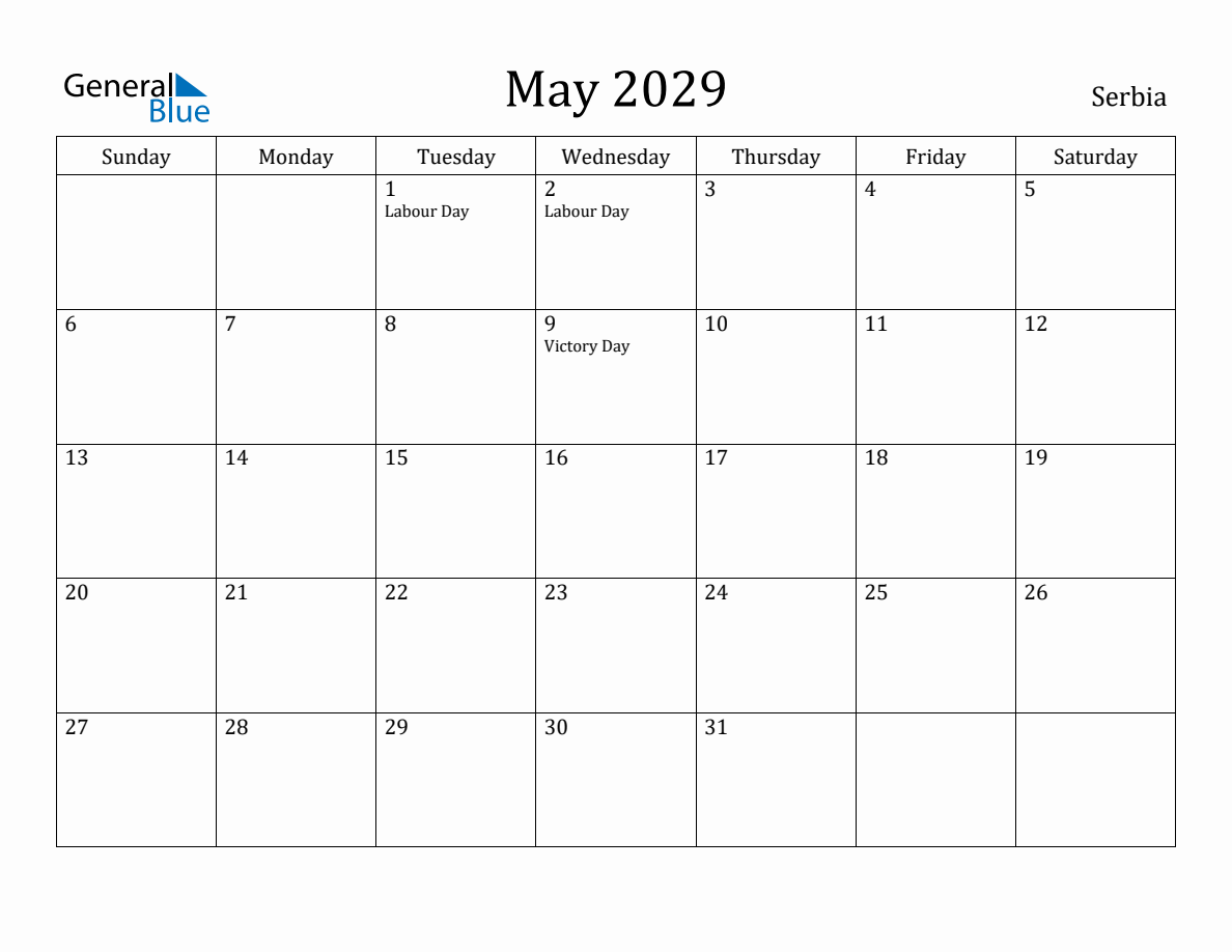 May 2029 Monthly Calendar with Serbia Holidays