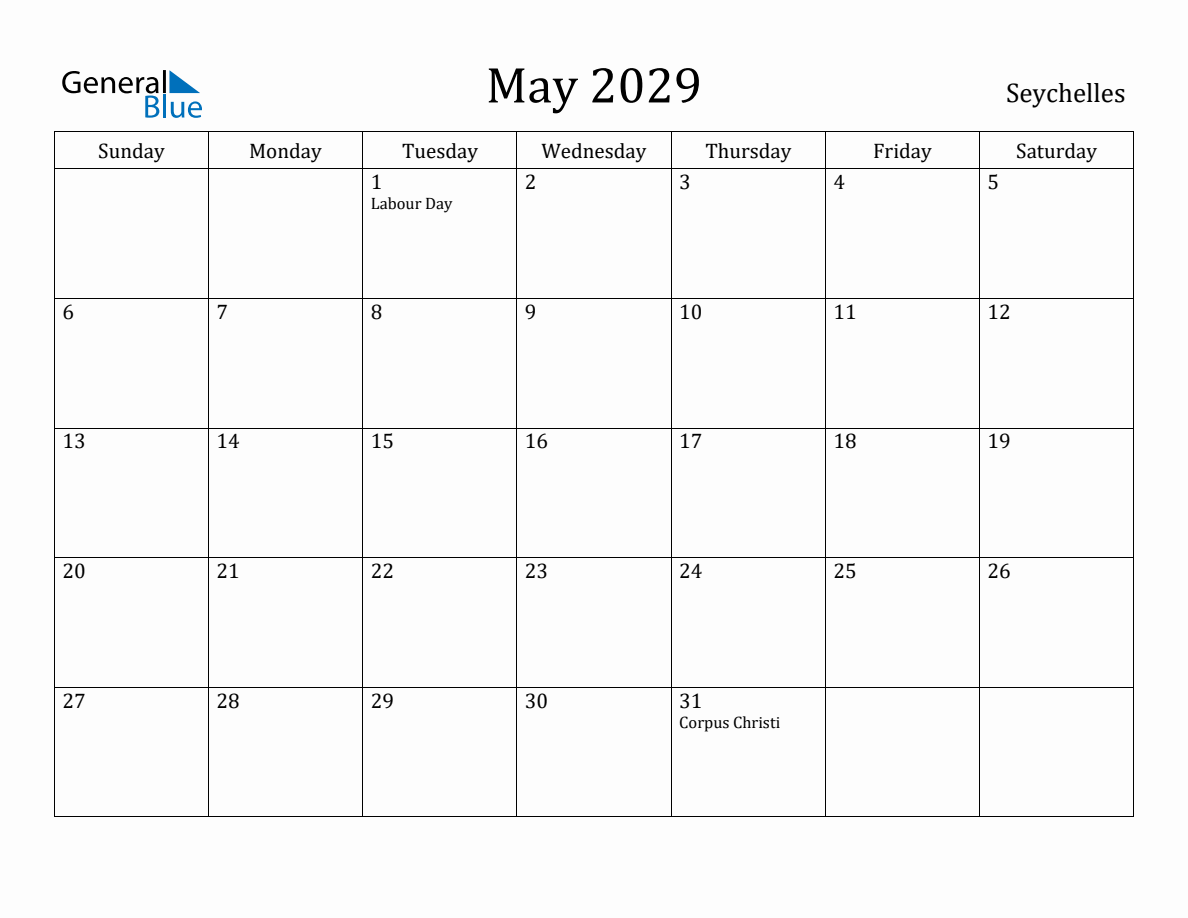 May 2029 Monthly Calendar with Seychelles Holidays