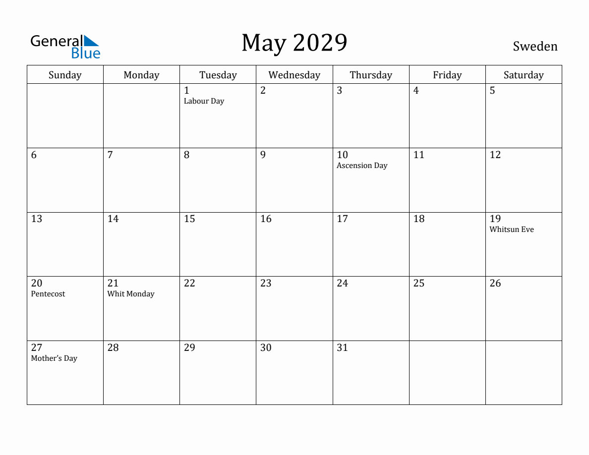 May 2029 Monthly Calendar with Sweden Holidays