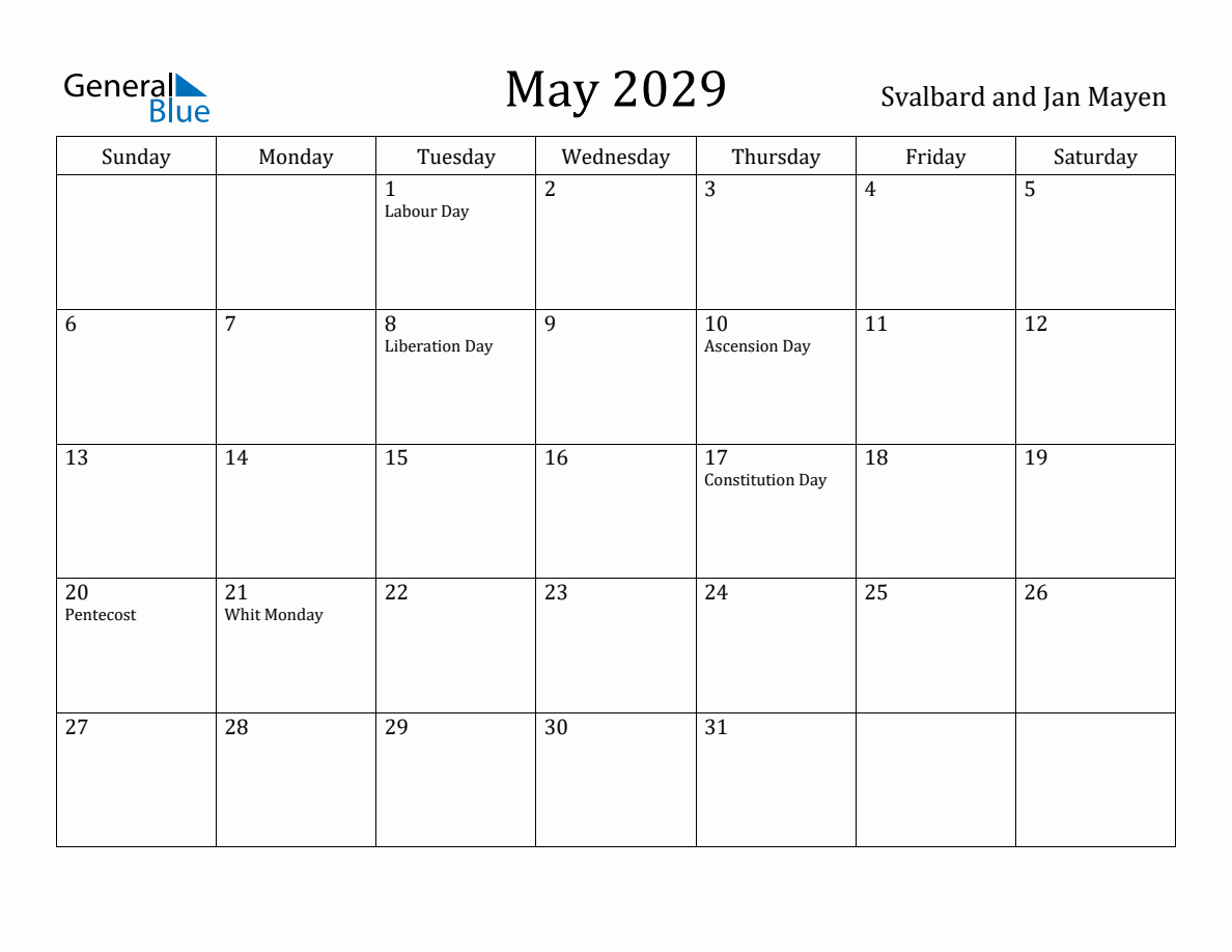 May 2029 Monthly Calendar with Svalbard and Jan Mayen Holidays