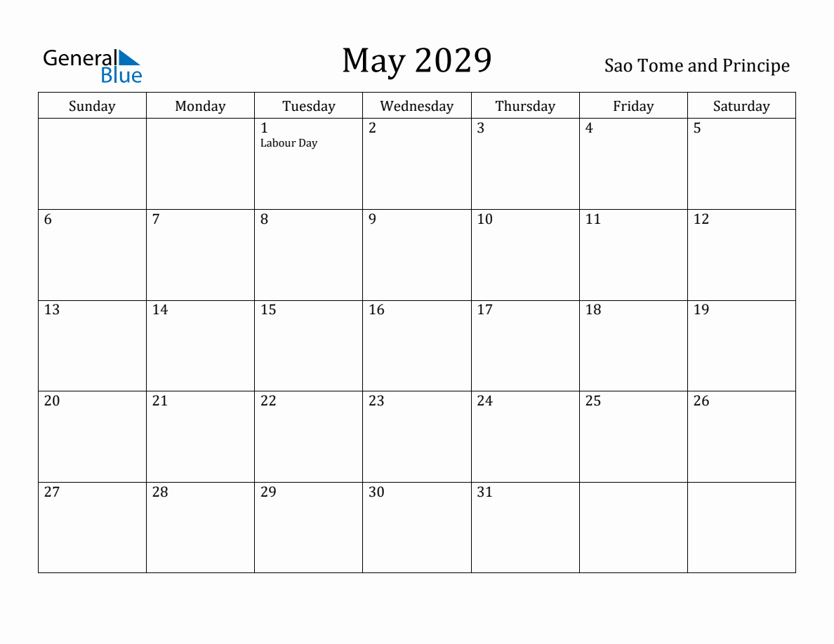 May 2029 Monthly Calendar with Sao Tome and Principe Holidays