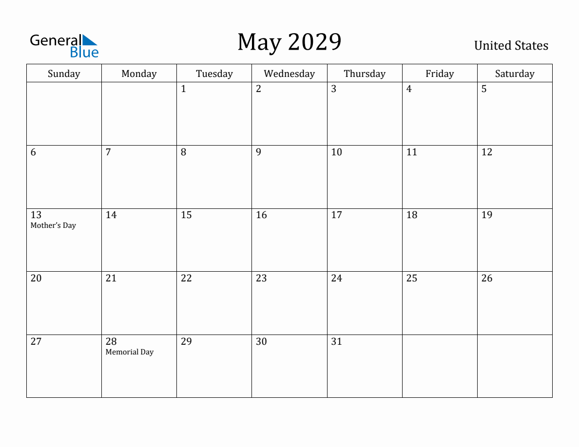 May 2029 Monthly Calendar with United States Holidays