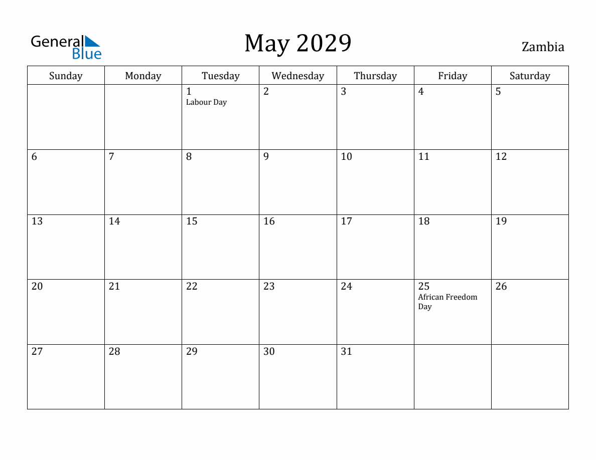 May 2029 Monthly Calendar with Zambia Holidays