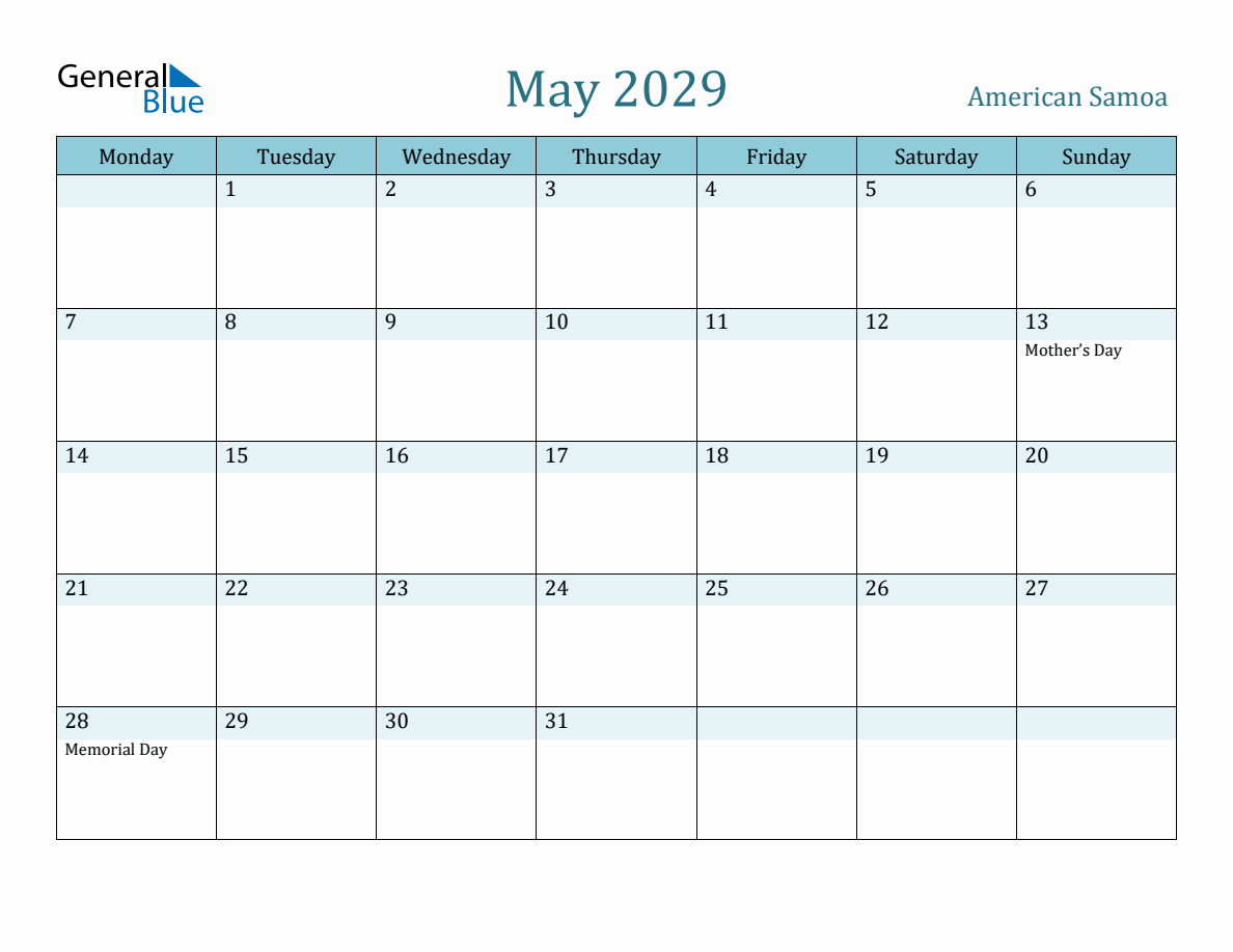 American Samoa Holiday Calendar for May 2029 (Monday Start)