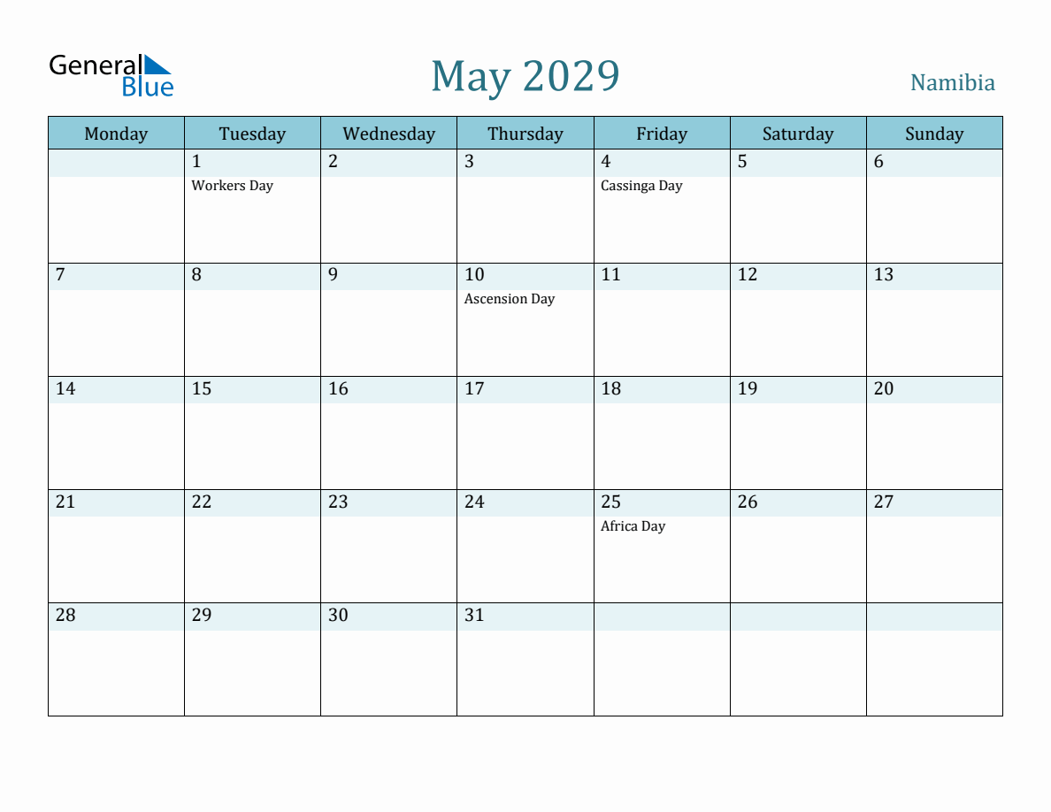 Namibia Holiday Calendar for May 2029