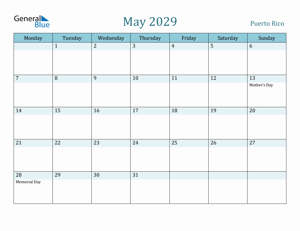 Puerto Rico Holiday Calendar for May 2029 (Monday Start)
