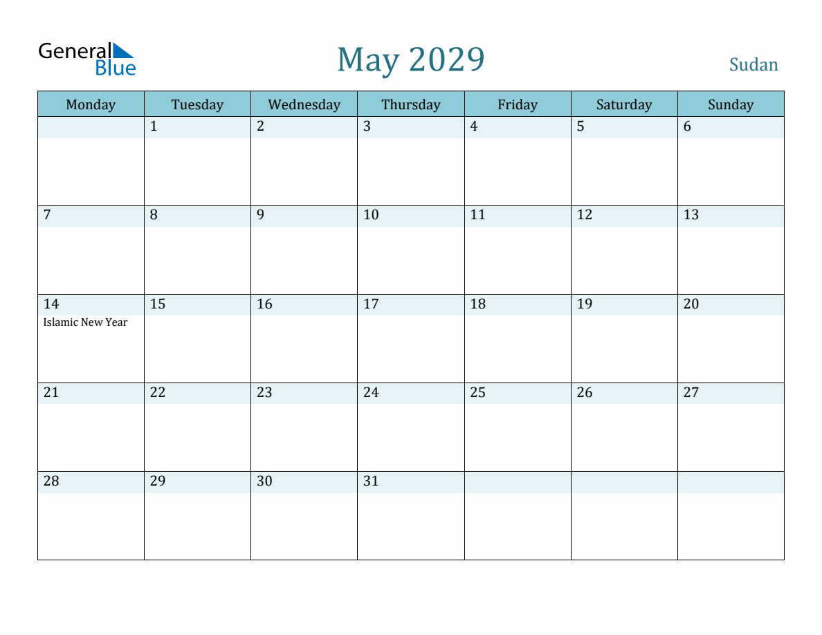 Sudan Holiday Calendar for May 2029 (Monday Start)