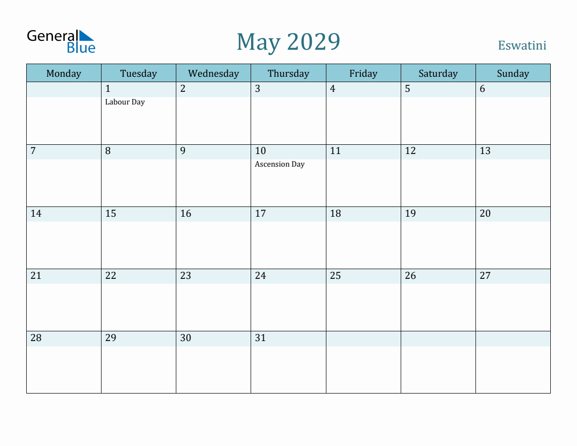 Eswatini Holiday Calendar for May 2029 (Monday Start)