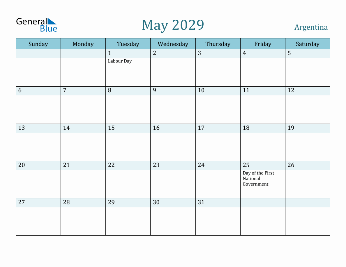 Argentina Holiday Calendar for May 2029