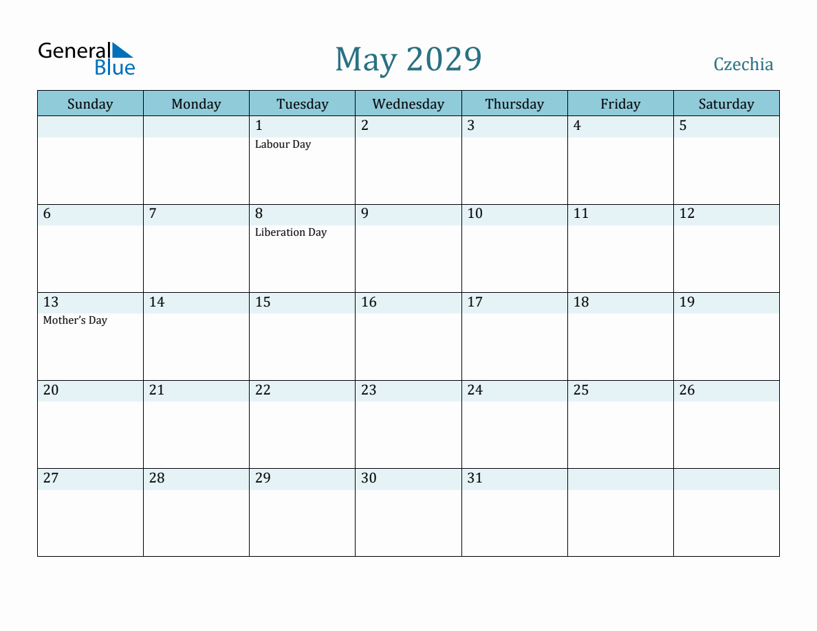 Czechia Holiday Calendar for May 2029