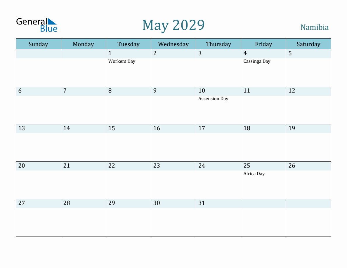 Namibia Holiday Calendar for May 2029