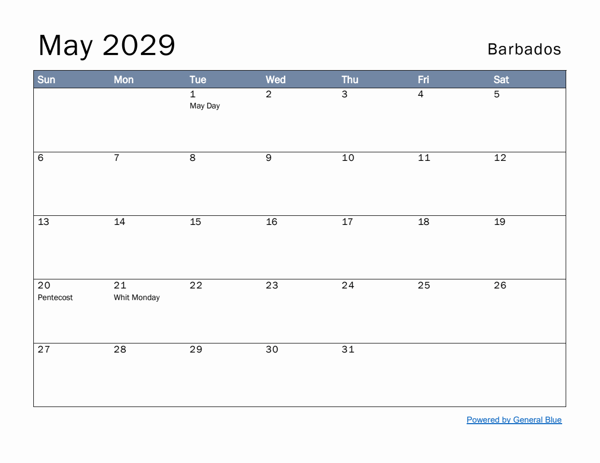 Free Monthly Calendar Template for May 2029 with Barbados Holidays