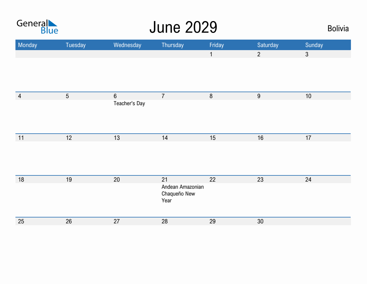 Editable June 2029 Calendar with Bolivia Holidays
