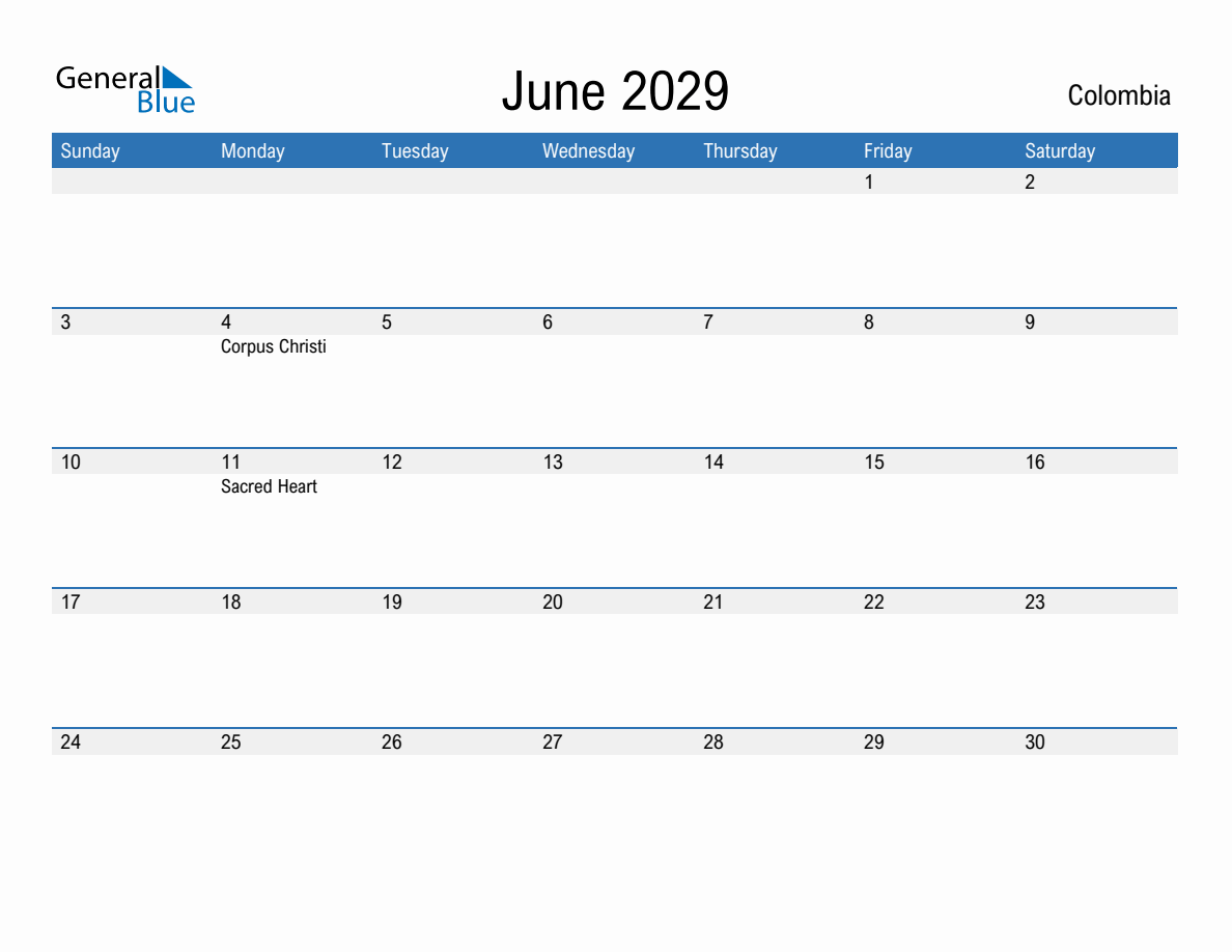 Editable June 2029 Calendar with Colombia Holidays