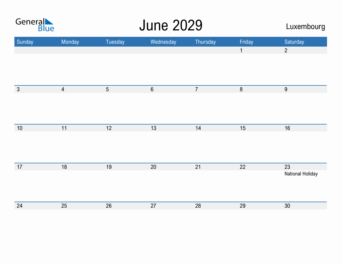Editable June 2029 Calendar with Luxembourg Holidays