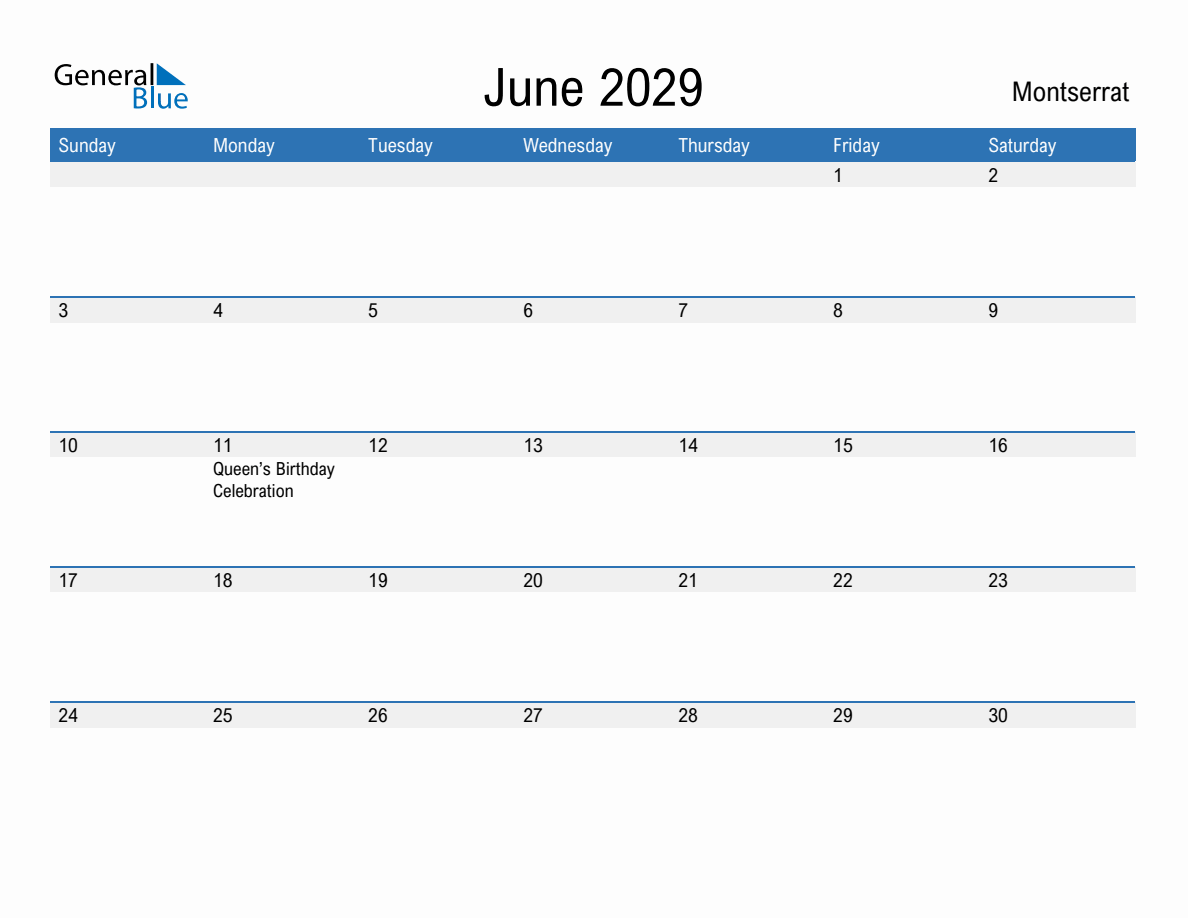 June 2029 Monthly Calendars with Montserrat Holidays