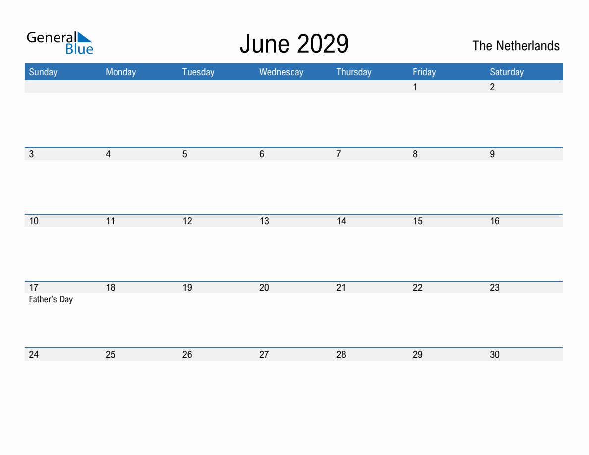 June 2029 Monthly Calendars with The Netherlands Holidays