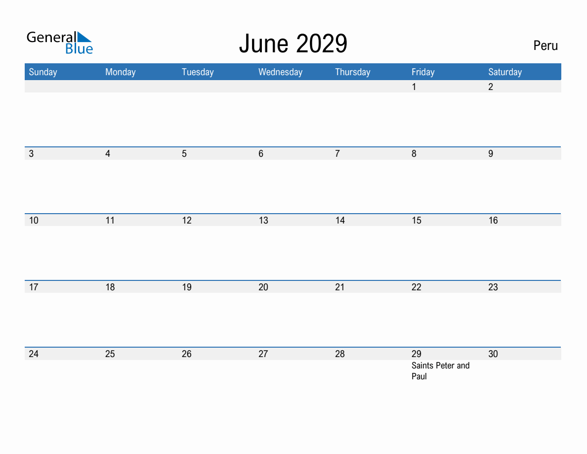 June 2029 Monthly Calendars with Peru Holidays