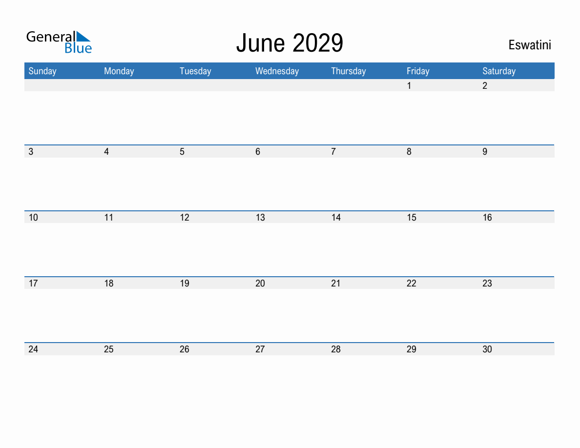 Editable June 2029 Calendar with Eswatini Holidays