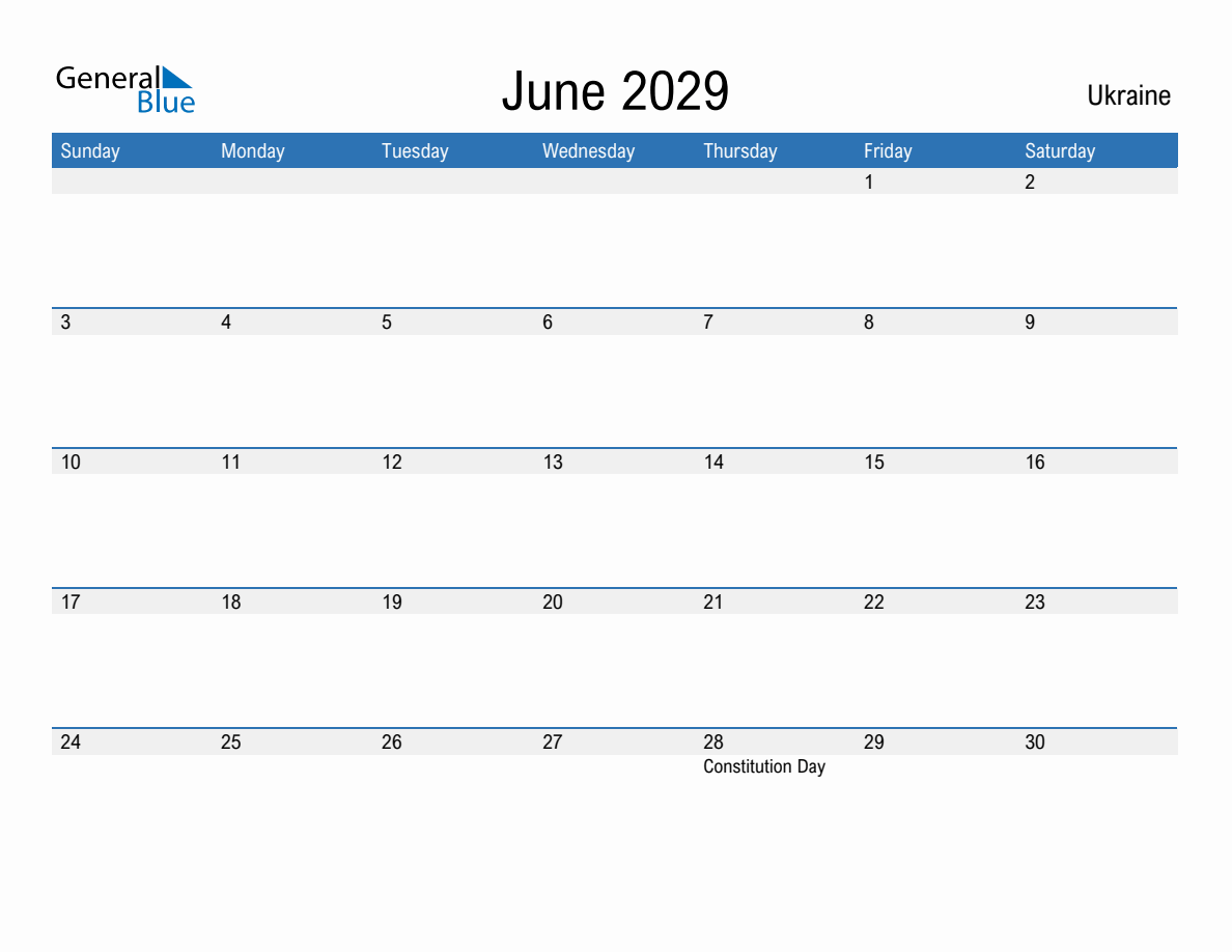June 2029 Monthly Calendars with Ukraine Holidays