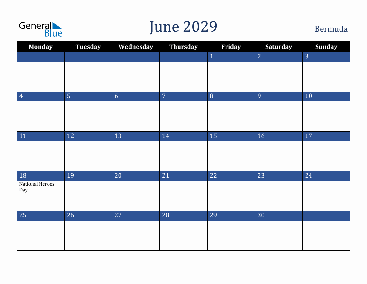 June 2029 Bermuda Holiday Calendar (Monday Start)