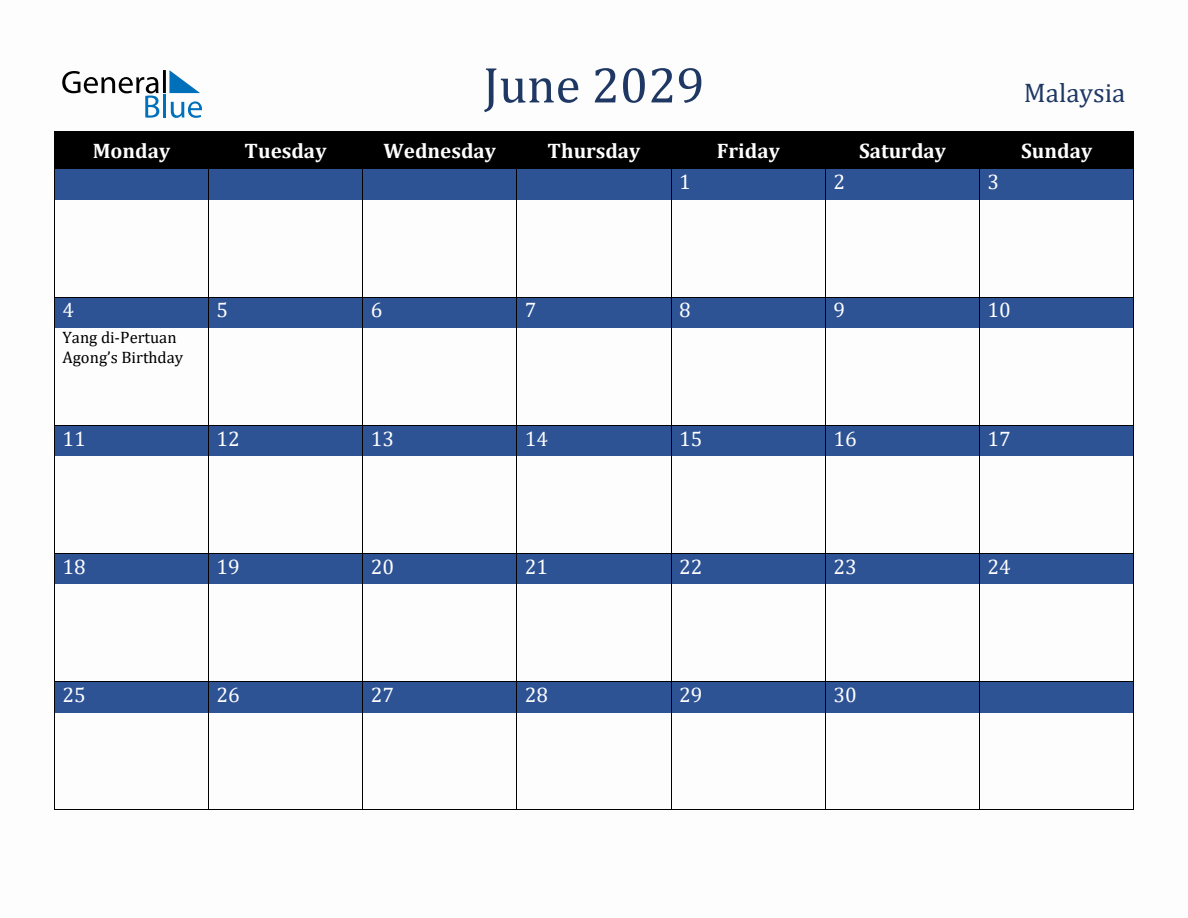 June 2029 Malaysia Holiday Calendar (Monday Start)