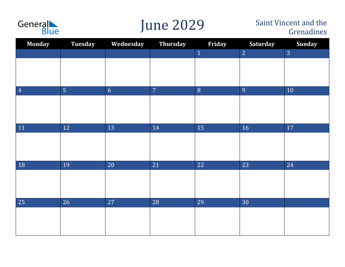 June 2029 Saint Vincent and the Grenadines Holiday Calendar (Monday Start)