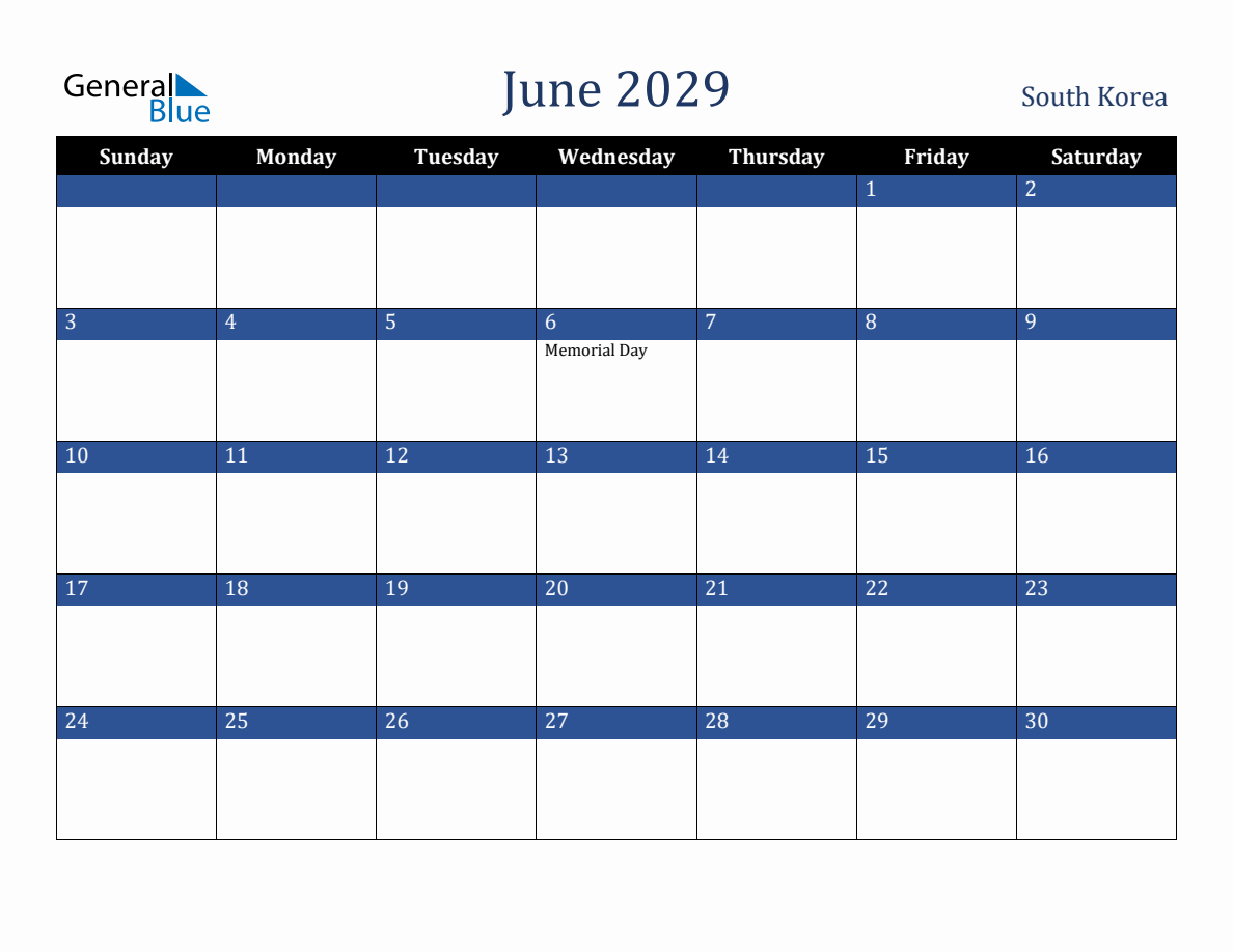 June 2029 South Korea Holiday Calendar