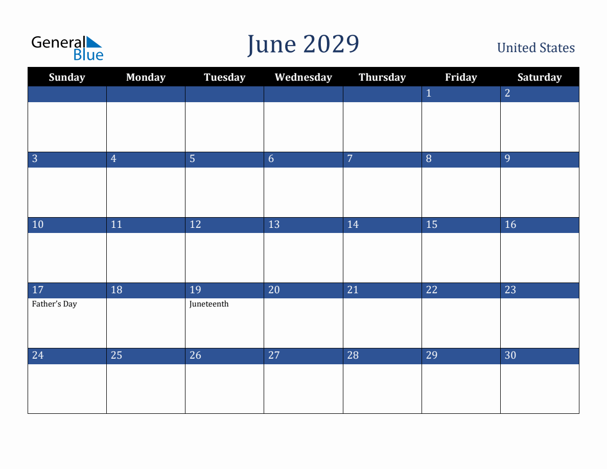 June 2029 United States Holiday Calendar