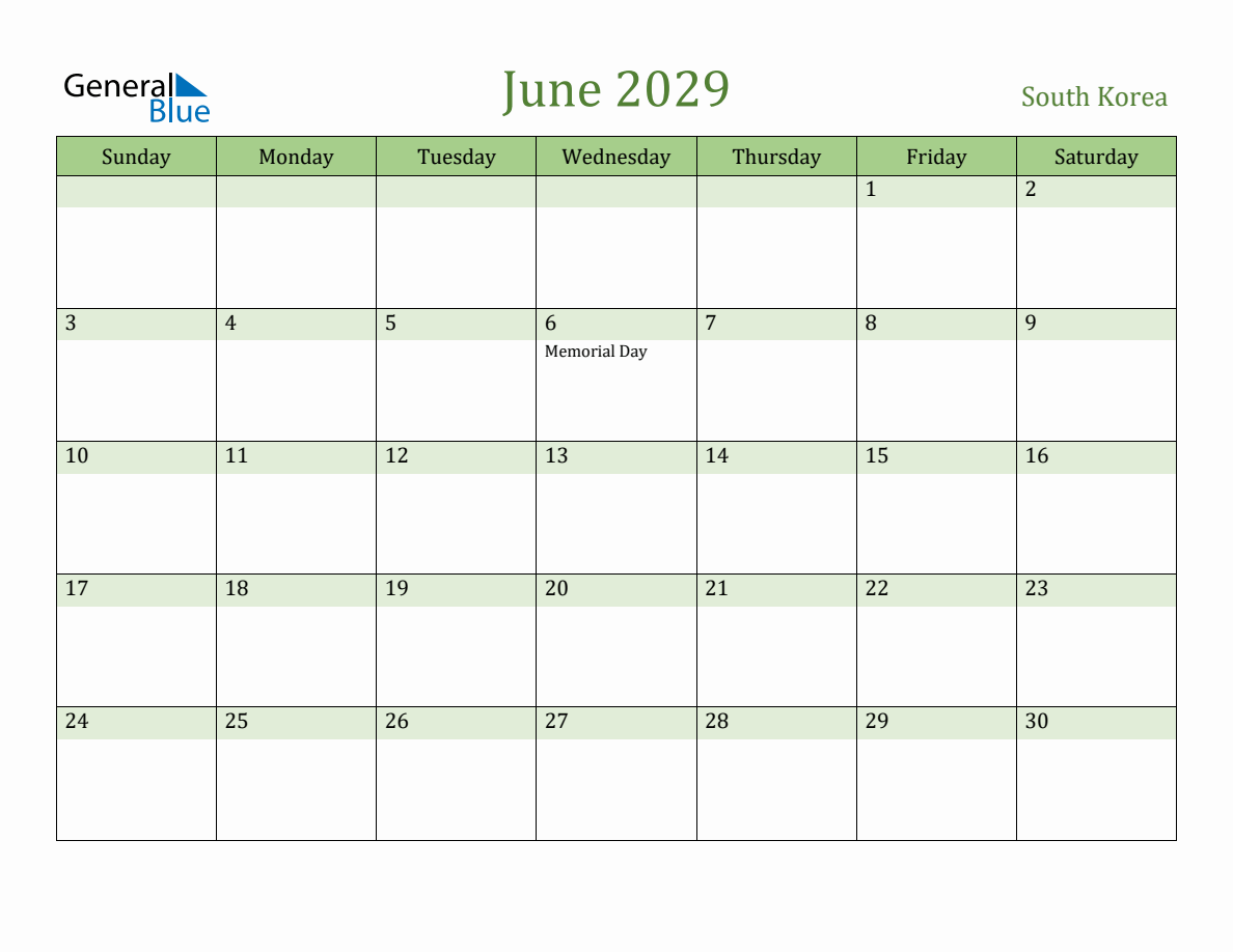Fillable Holiday Calendar for South Korea - June 2029