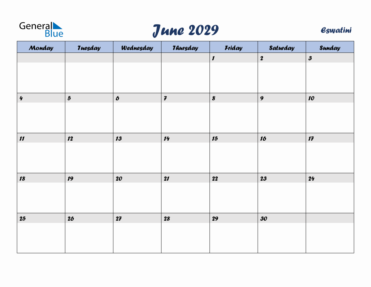 June 2029 Monthly Calendar Template with Holidays for Eswatini (Monday ...
