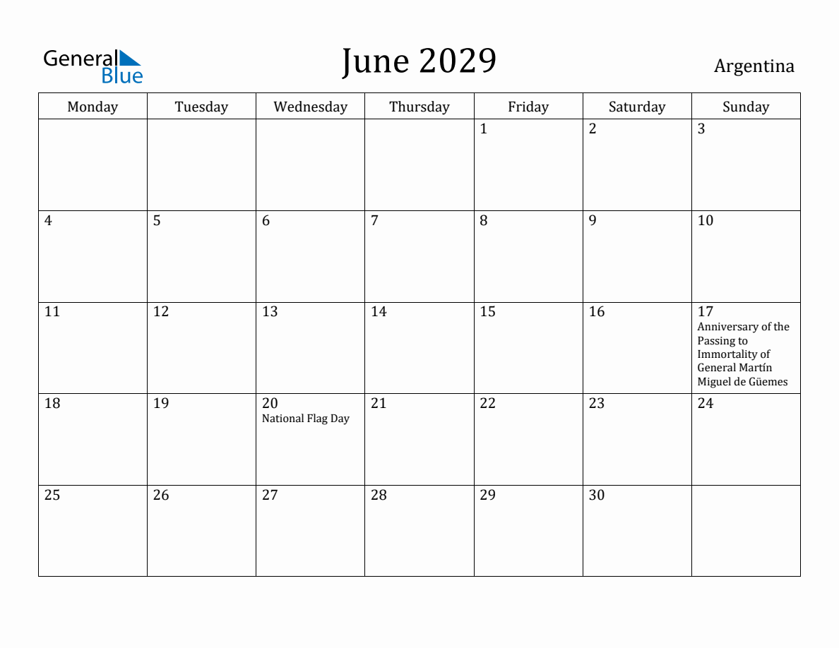 Argentina Monthly Calendar - June 2029 (Monday Start)